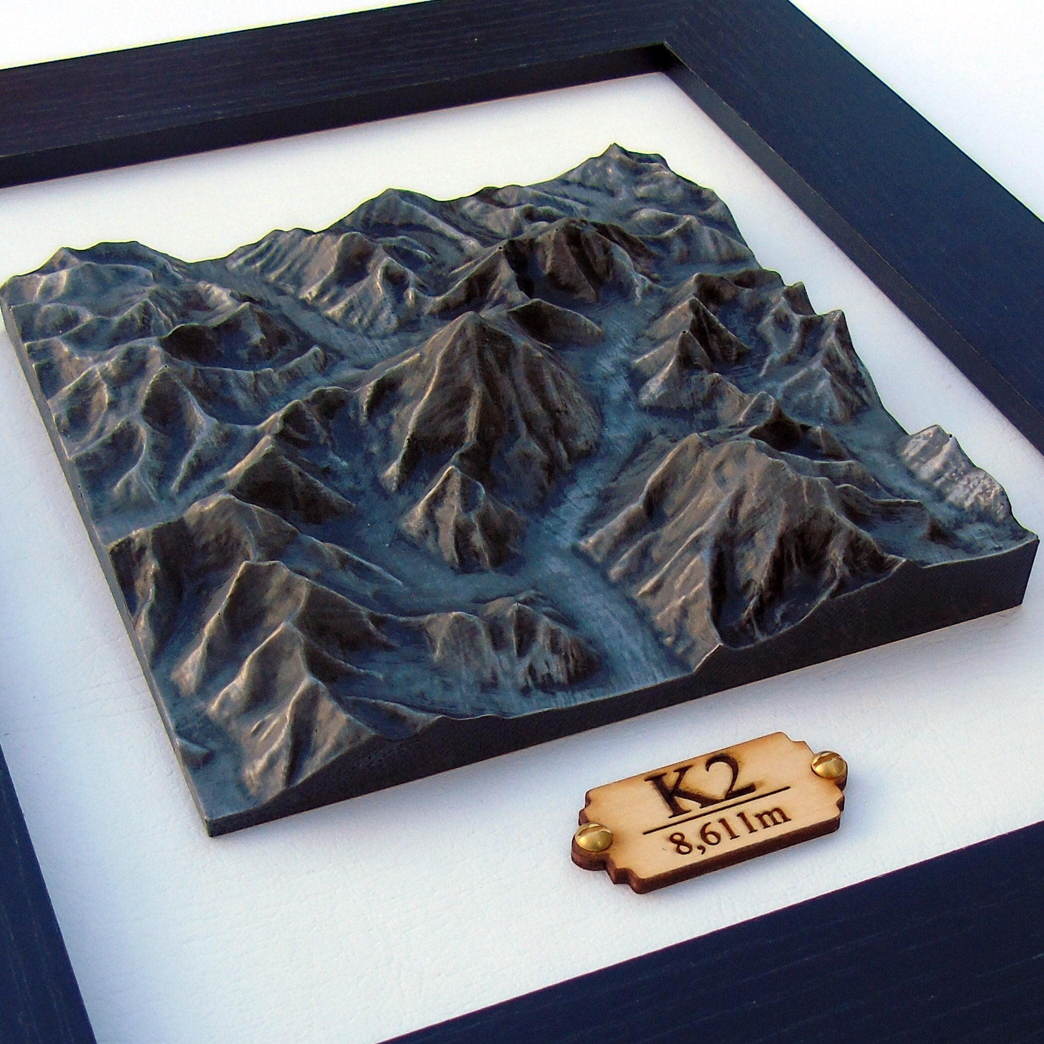 K2 Framed Topographical Map in Aged Silver Finish, Mountain Casting 3D ...