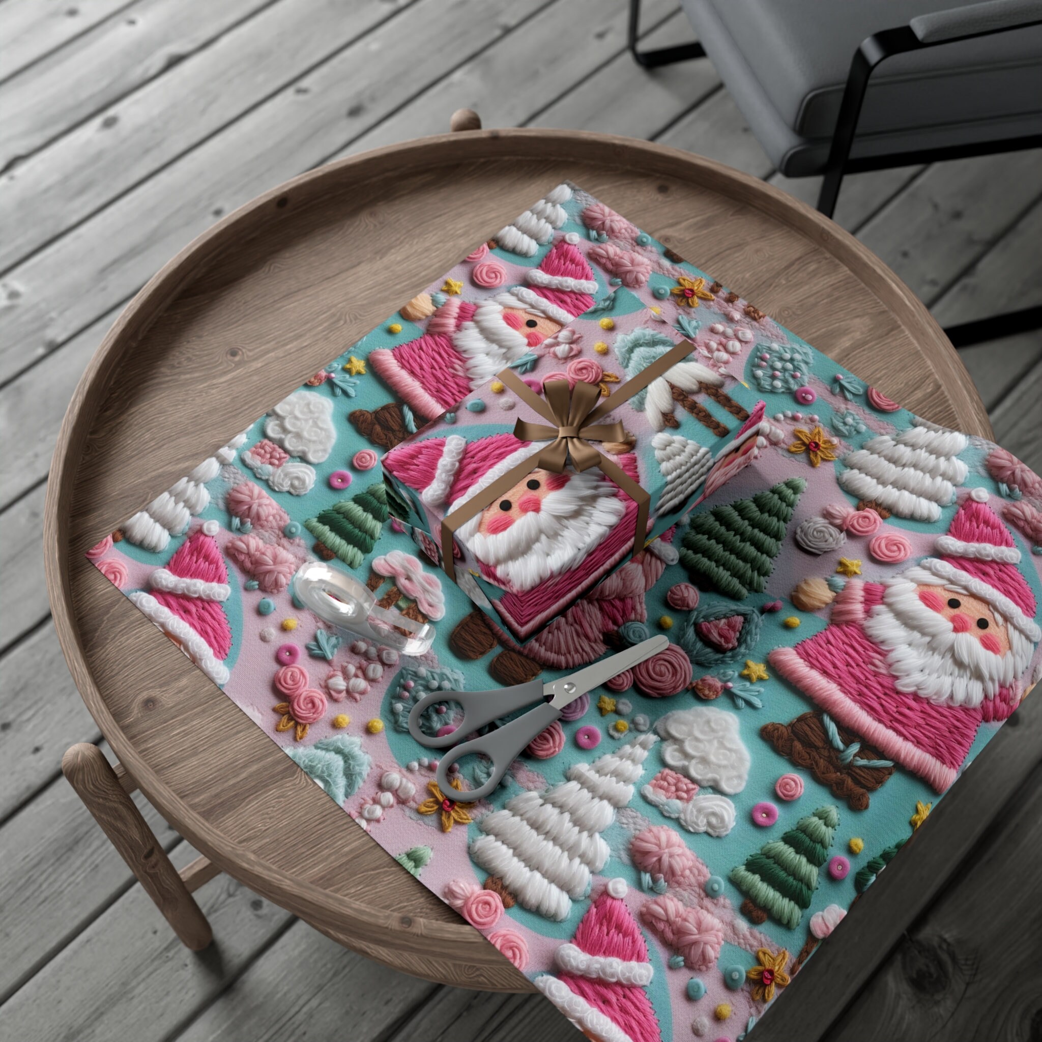 Preppy Santa Wrapping Paper, Pink Santa Holiday Gift Wrap, Faux ...