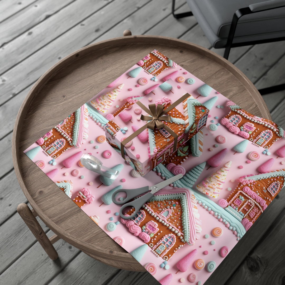Glam Candy Land Gingerbread House Wrapping Paper, Xmas Gift Wrap, Faux ...
