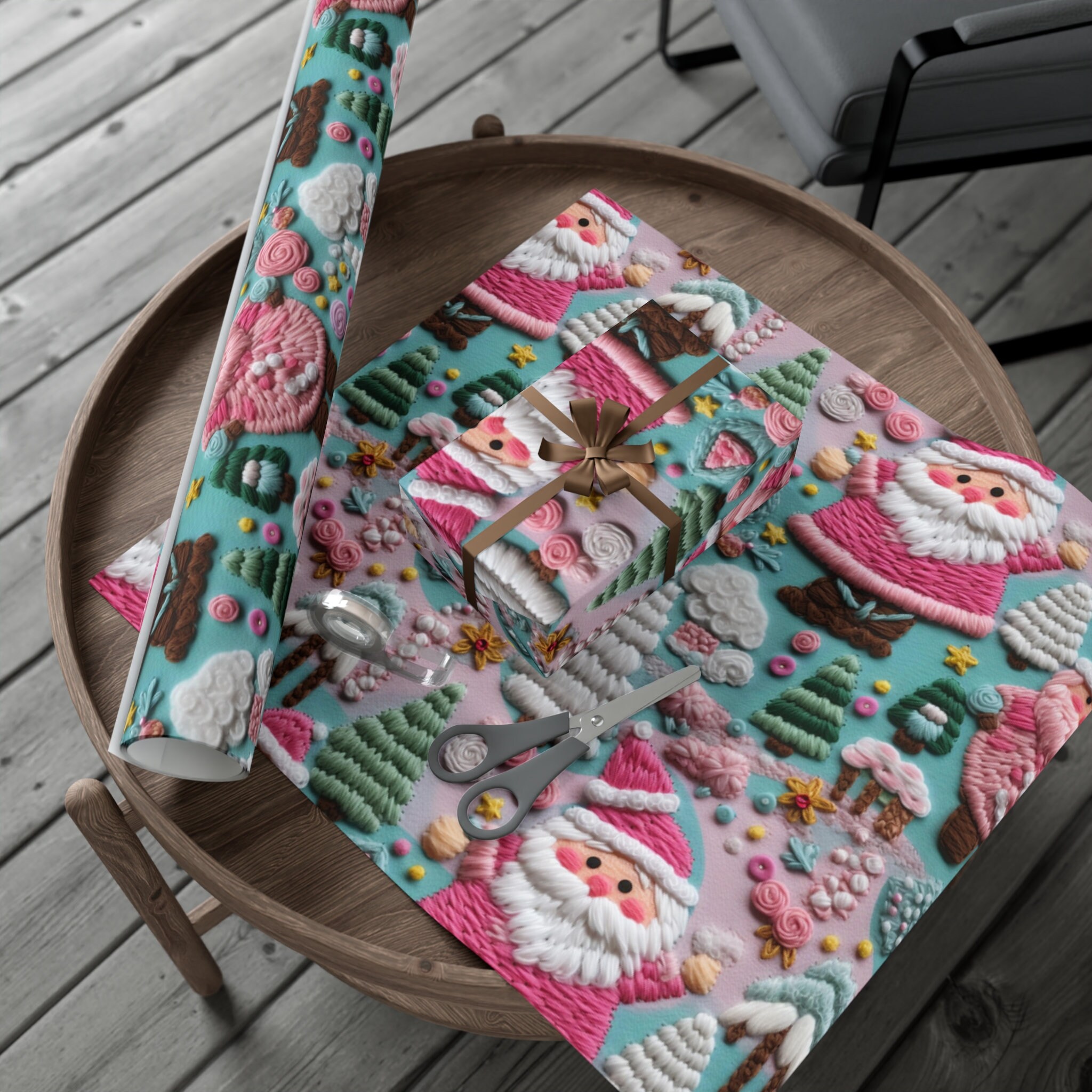 Preppy Santa Wrapping Paper, Pink Santa Holiday Gift Wrap, Faux ...