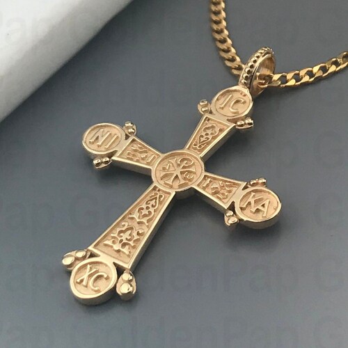 14k Solid Gold Cross Double Sided Cross With Chi Ro - Etsy