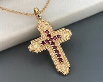 14k Solid Gold Genuine Ruby Cross Pendant. Religious Pendant. - Etsy