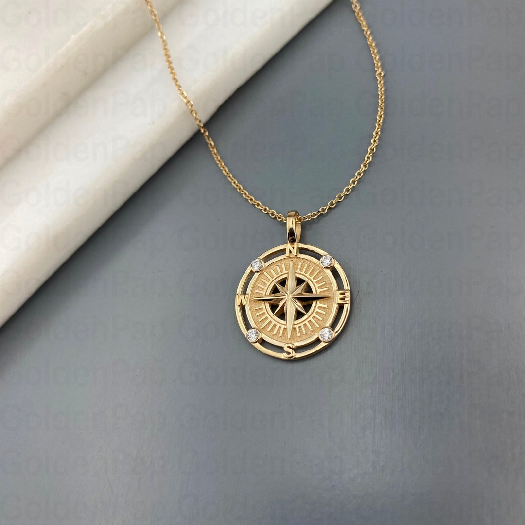 14k Solid Gold Pendant Compass With Natural Diamonds, Compass Jewelry ...