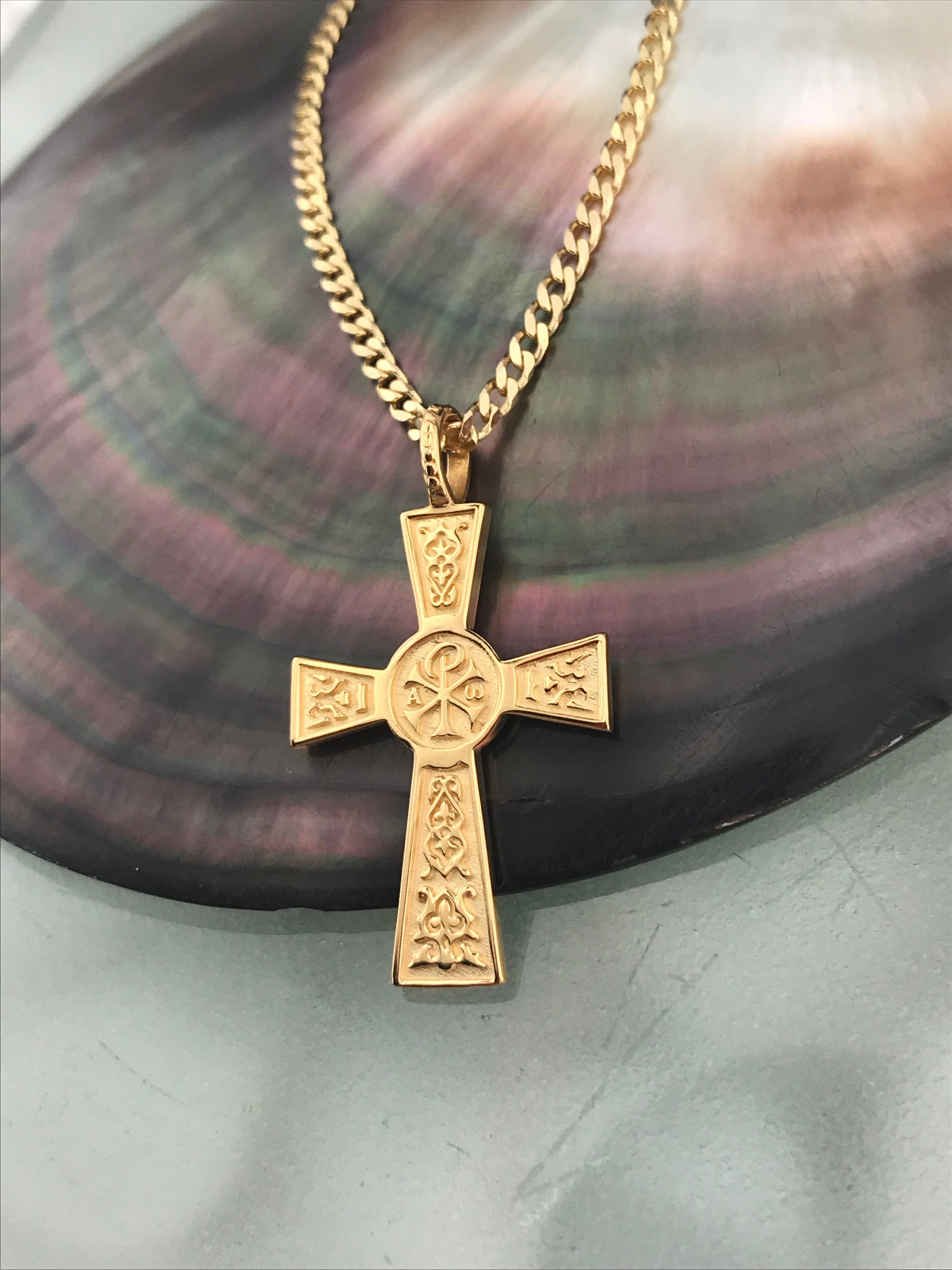 14k solid gold cross double sided cross with chi ro | Etsy