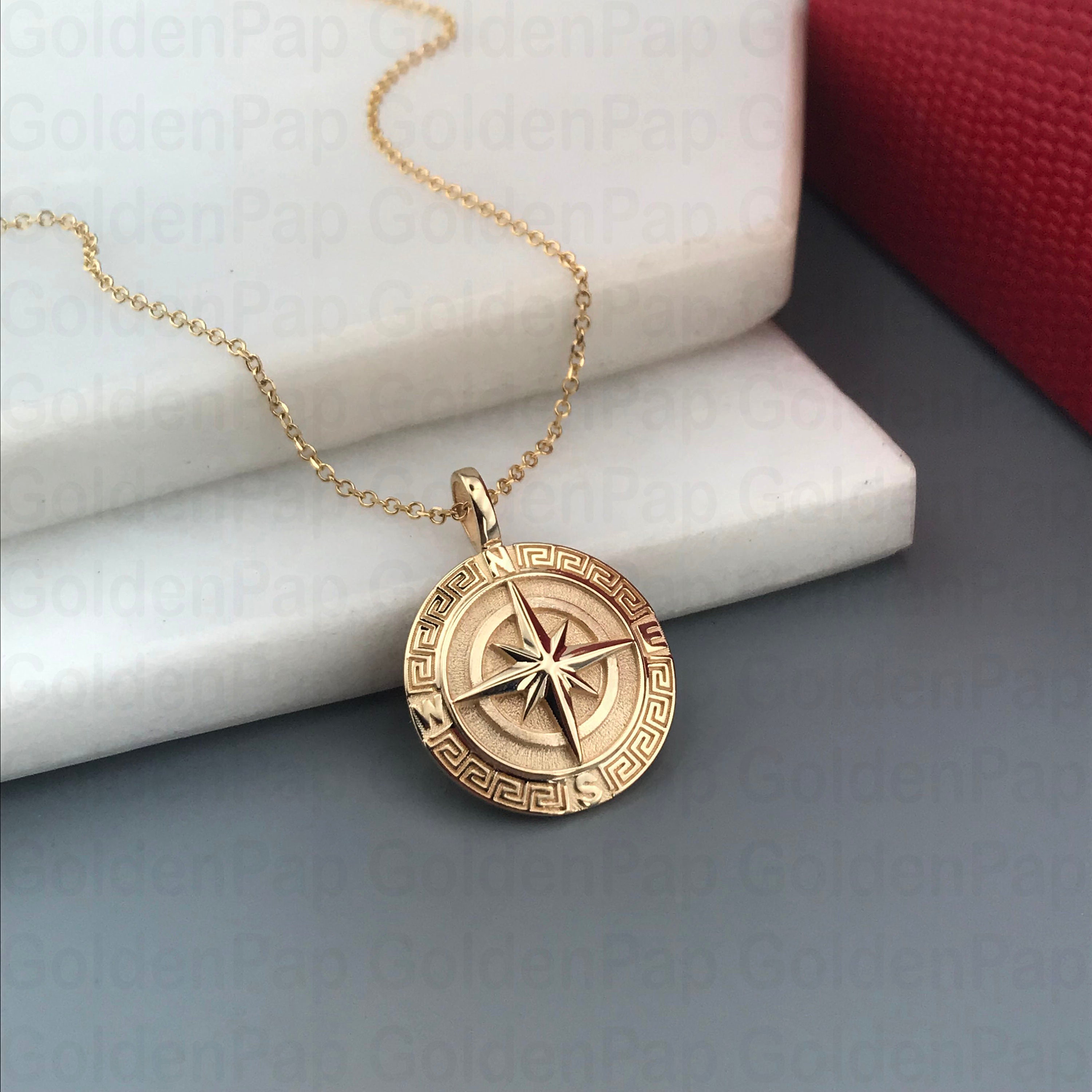 14k Solid Gold Pendant Compass, Pendant for Men and Women, Compass With ...