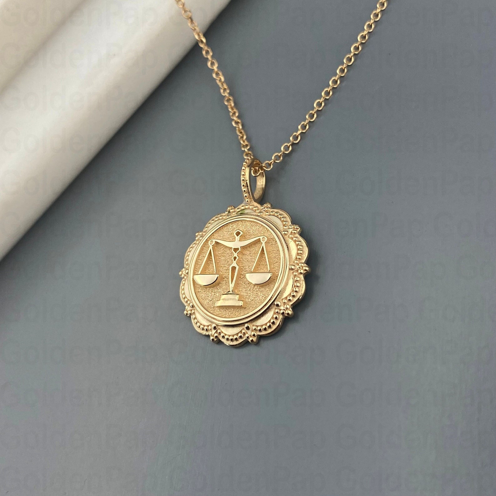 14k Solid Gold Libra Pendant, Libra Jewels, Scale of Justice Necklace ...