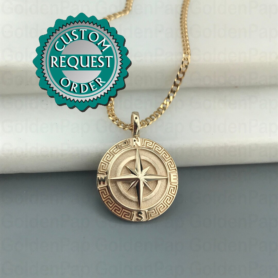 14k Solid Gold Pendant Compass, Pendant for Men and Women, Compass With ...
