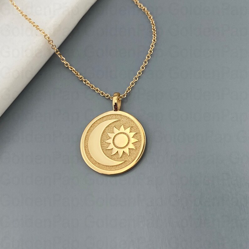 14k Solid Gold Pendant With the Sun and Moon, 14k Moon and Sun Pendant ...