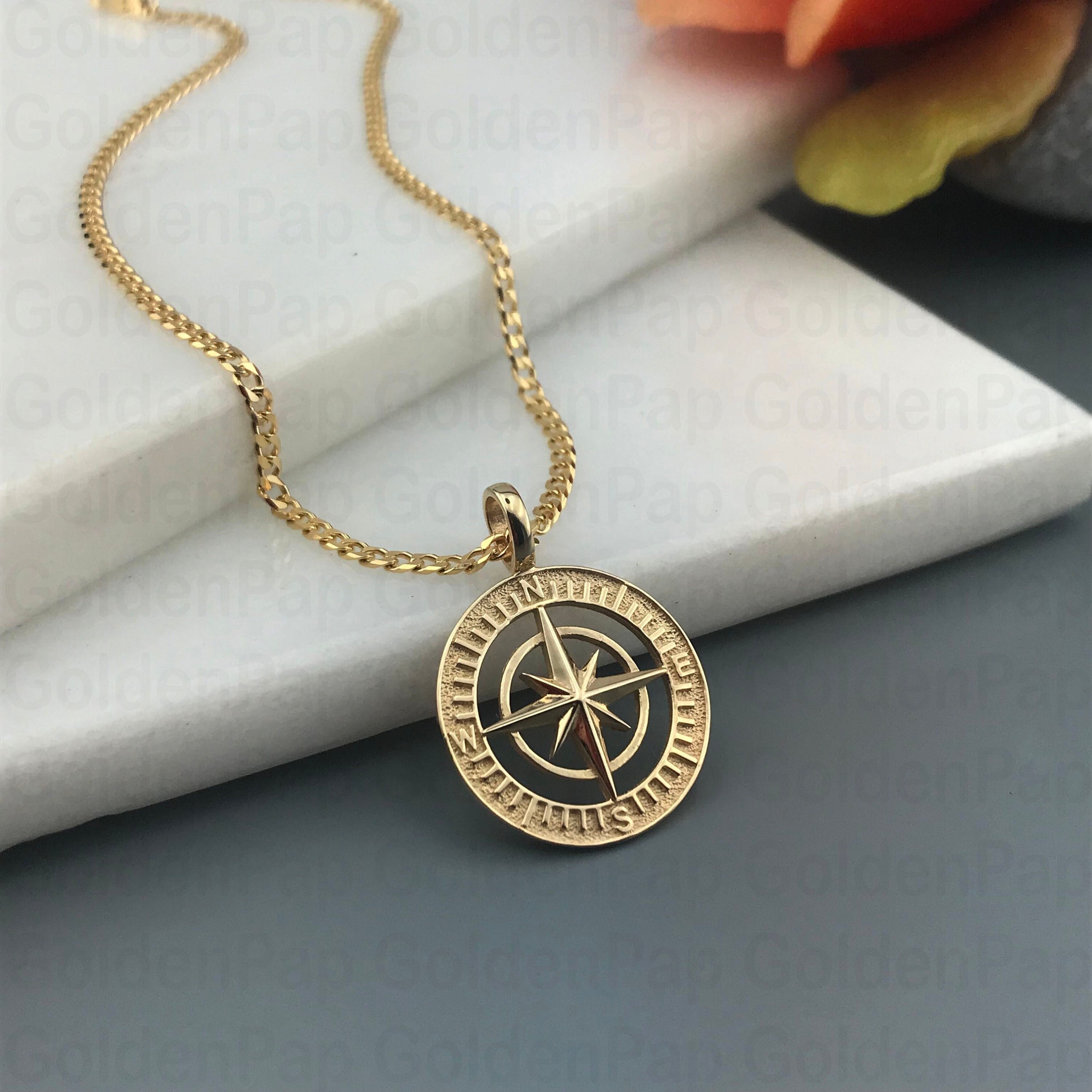 14k Solid Gold Pendant Compass - Etsy