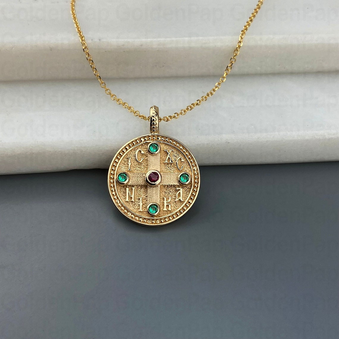 14k Solid Gold Pendant With Natural Ruby and Emeralds, Religious ...