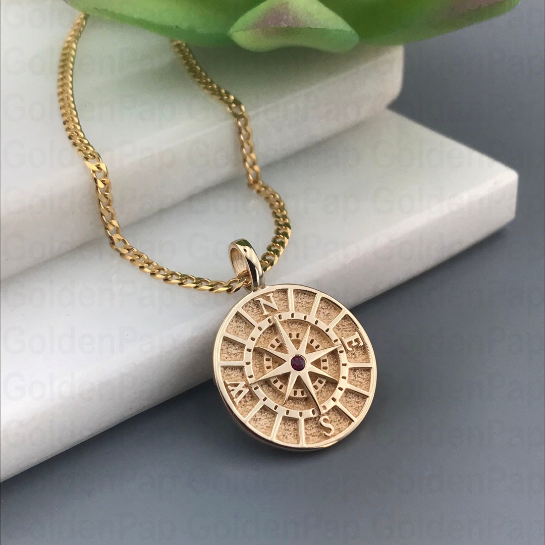 NEW 14k Solid Gold Pendant With Natural Ruby, Gold Compass - Etsy