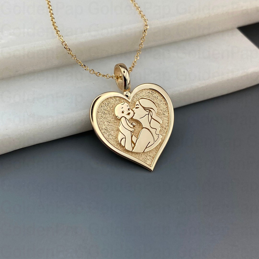 14k Solid Gold Pendant With Mom and Baby, Charm for New Mom, Gold ...
