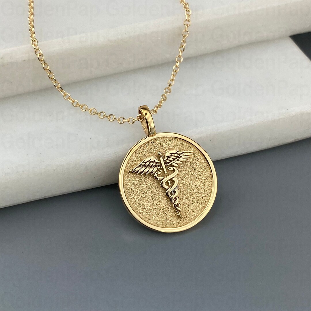 14k Solid Gold Pendant, Caduceus Necklace, Pesronalized Caduceus ...