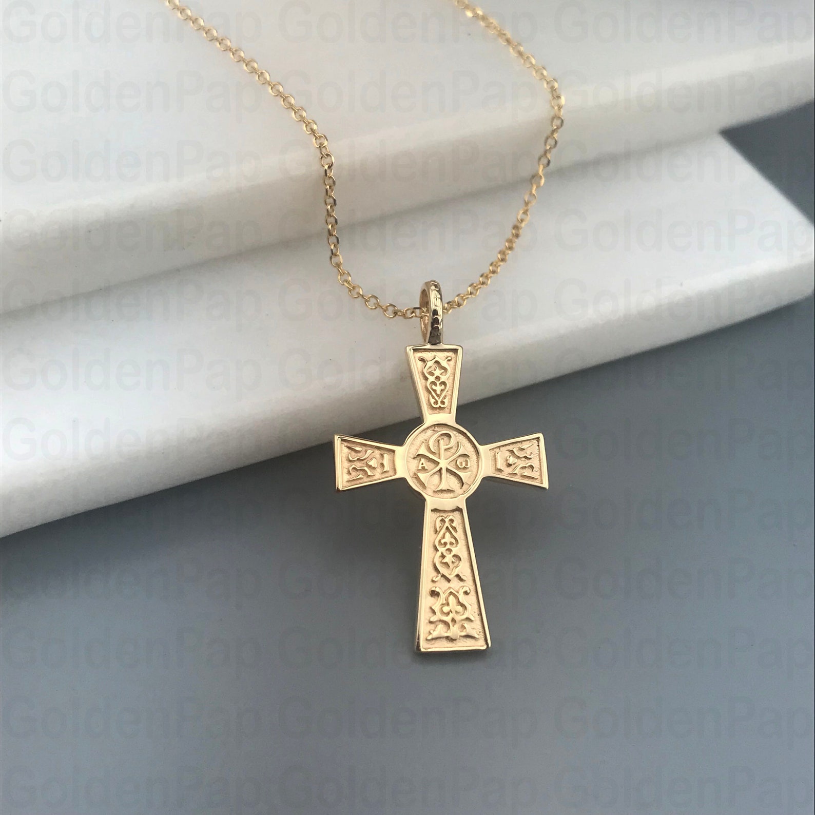 14k Solid Gold Cross Double Sided Cross With Chi Ro | Etsy