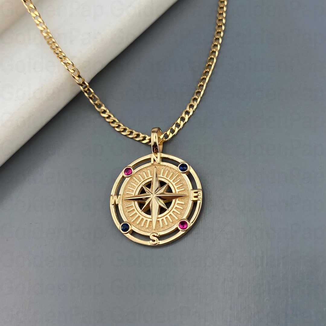 14k Solid Gold Pendant Compass With Natural Rubies and Sapphires ...