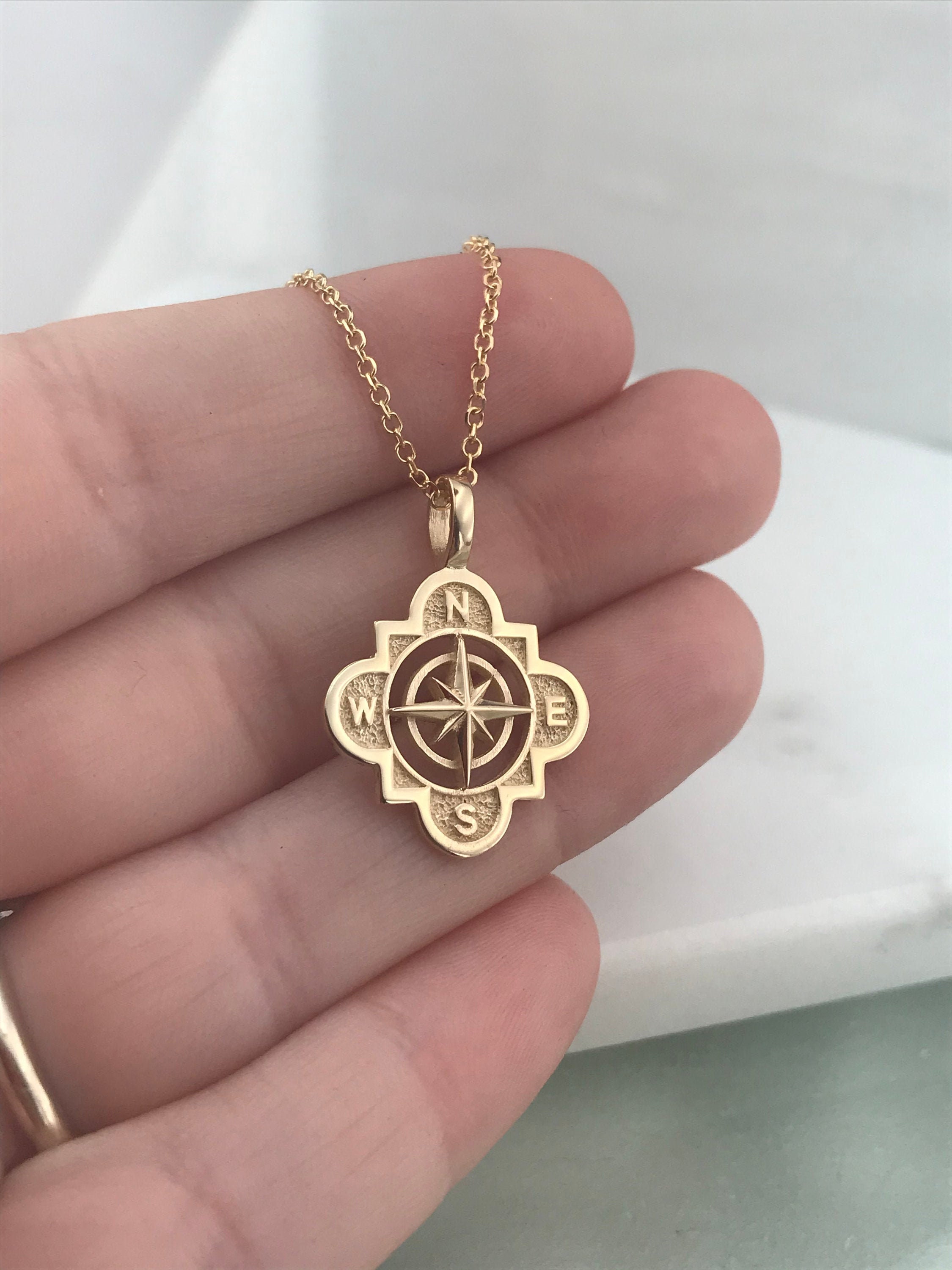 14k Solid Gold Pendant Compass - Etsy