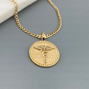 14k Solid Gold Pendant, Caduceus Necklace, Pesronalized Caduceus ...