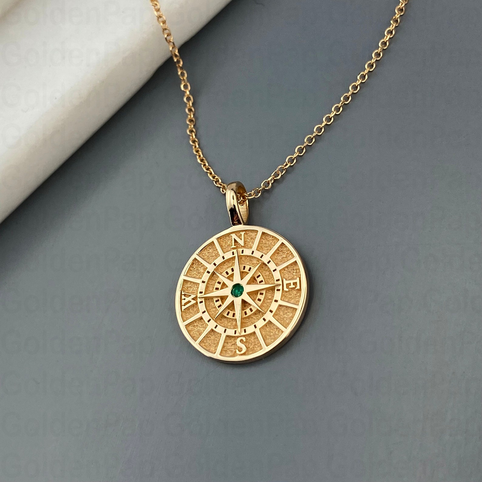 NEW 14k Solid Gold Pendant With Natural Emerald, Gold Compass - Etsy