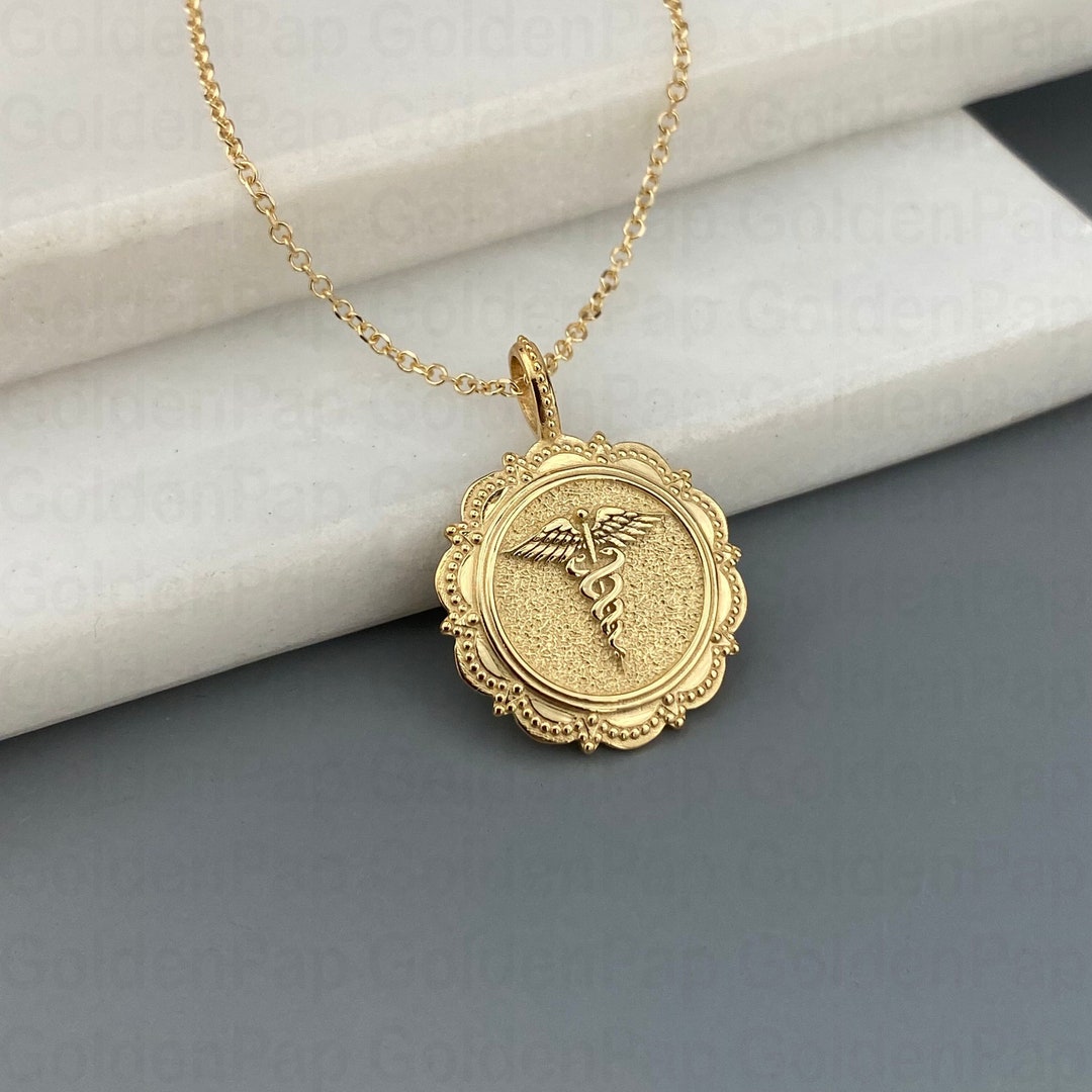 14k Solid Gold Pendant, Caduceus Necklace, Pesronalized Caduceus ...