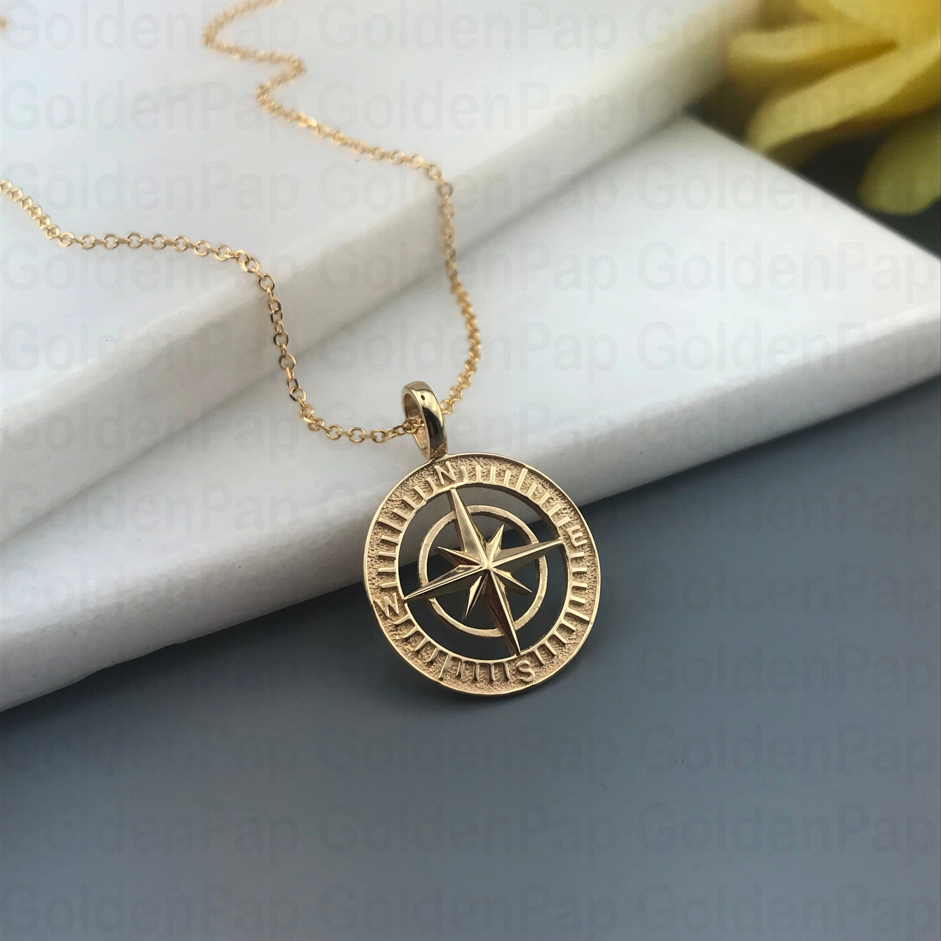 14k Solid Gold Pendant Compass - Etsy