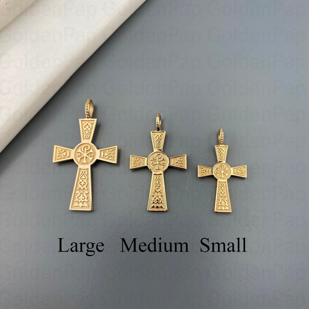14k Solid Gold Cross, Double Sided Cross With Chi Ro - Etsy