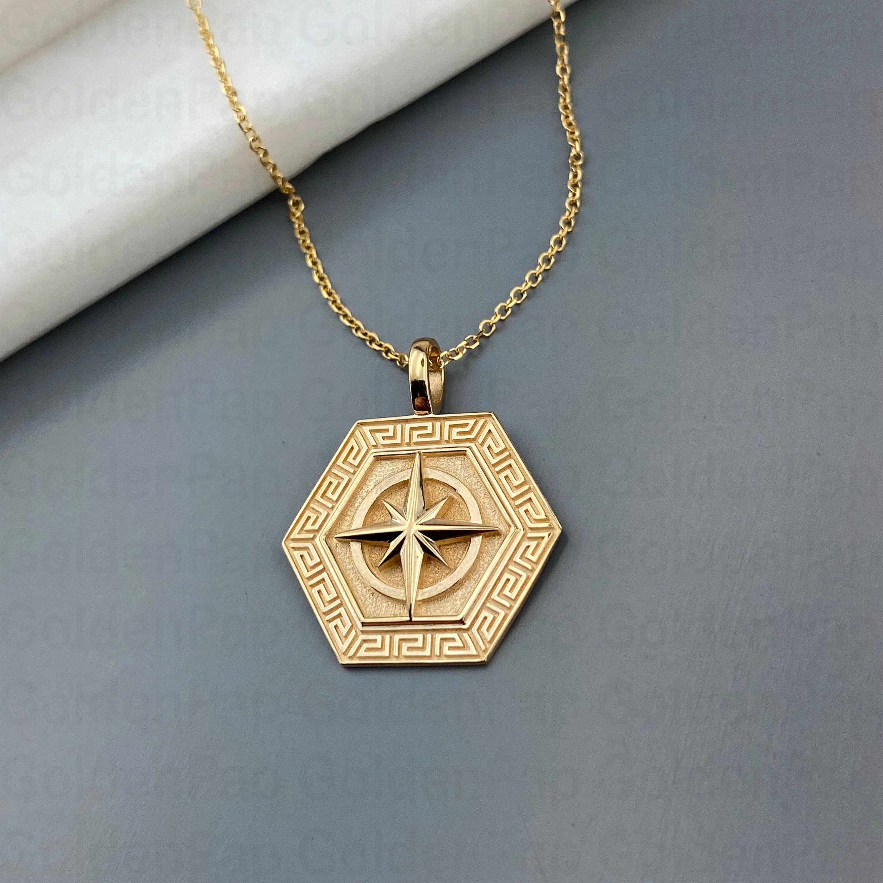 14k Solid Gold Pendant Compass Gold Medallion Compass - Etsy