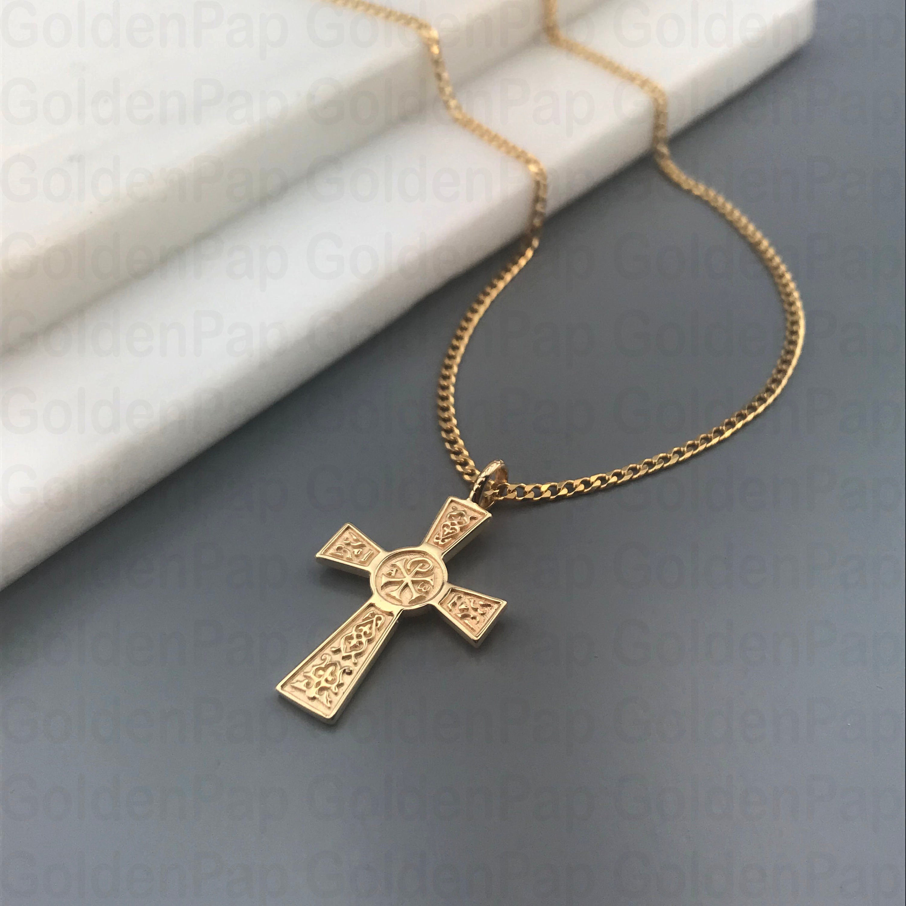 14k Solid Gold Cross, Double Sided Cross With Chi Ro - Etsy