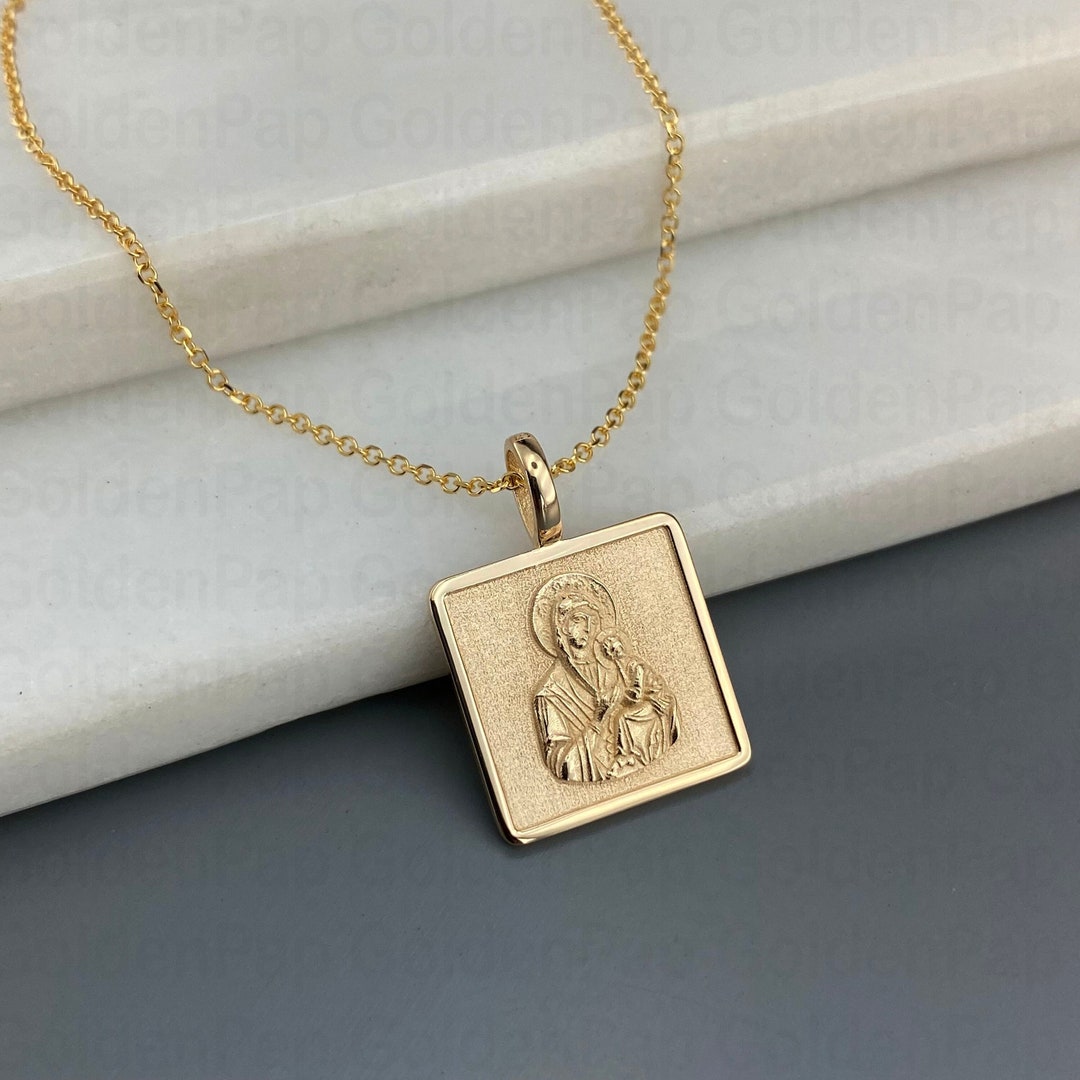 14k Solid Gold Pendant, Double Sided Pendant With Virgin Mary ...