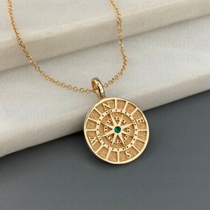 14k Solid Gold Pendant With Natural Emerald, Gold Compass - Etsy