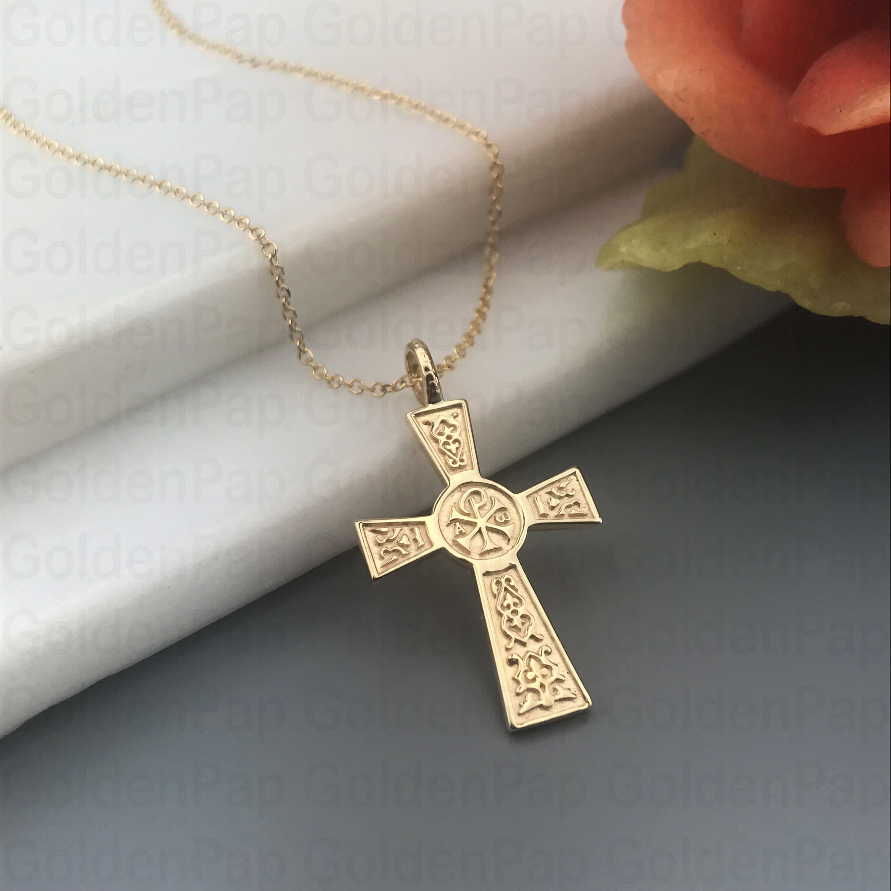 14k Solid Gold Cross, Double Sided Cross With Chi Ro - Etsy