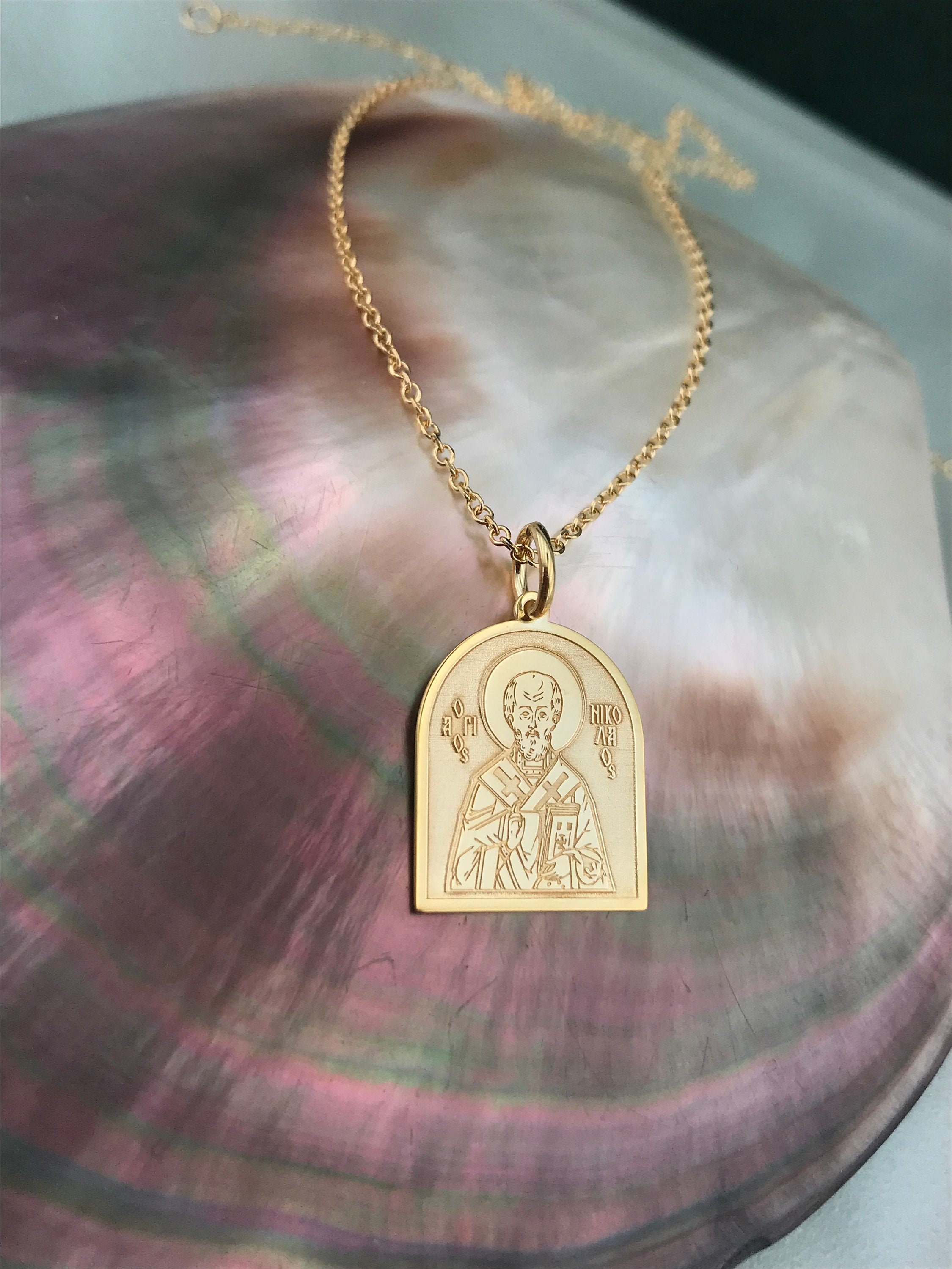 Saint Nicholas Pendant 14k Solid Gold Icon Pendant for Women | Etsy