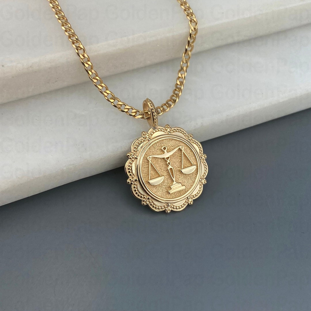 14k Solid Gold Libra Pendant, Libra Jewels, Scale of Justice Necklace ...