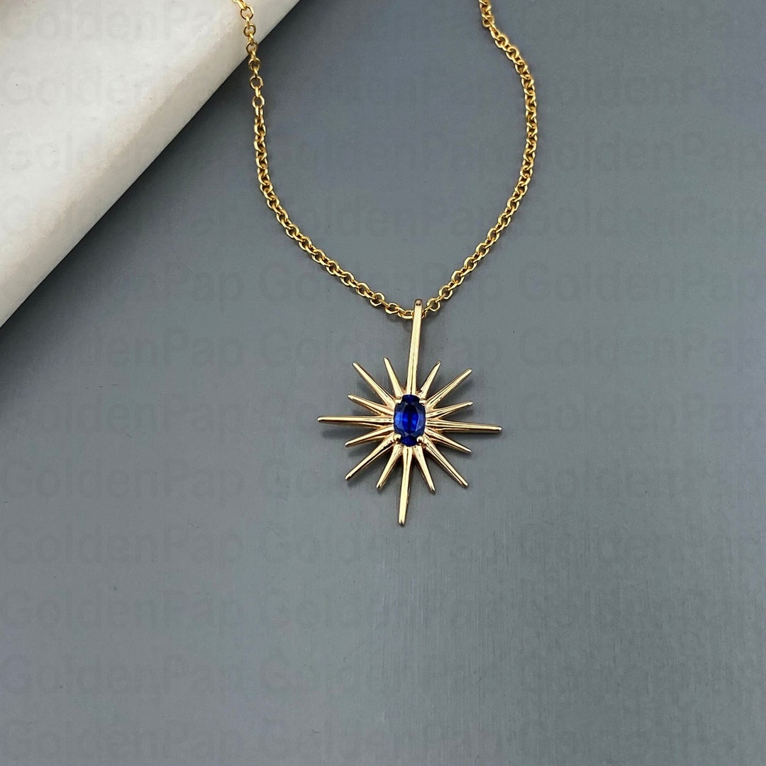 14k Solid Gold North Star Pendant With Natural Sapphire, Dainty North ...