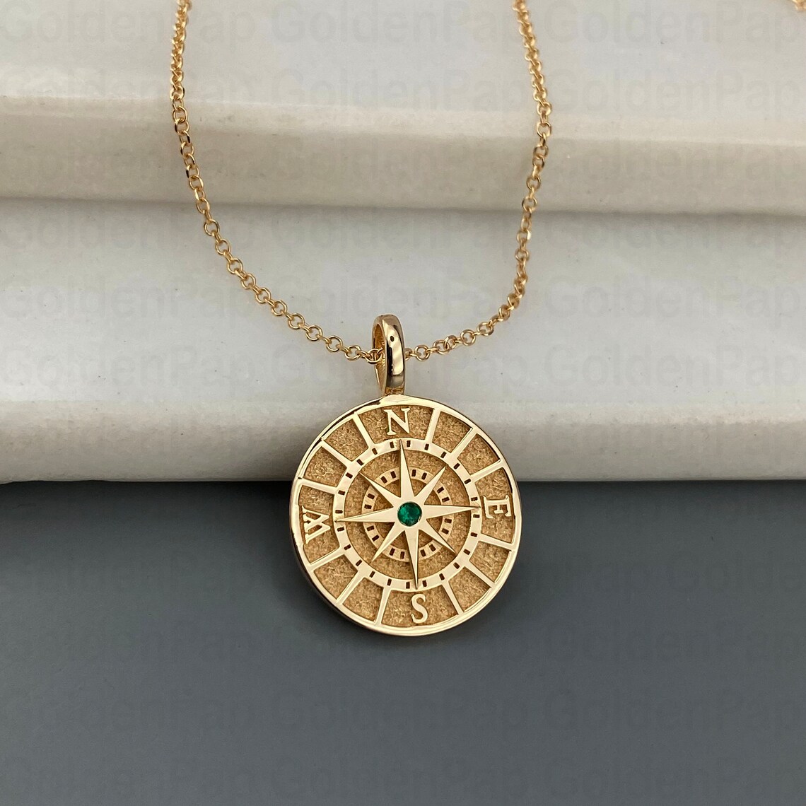 NEW 14k Solid Gold Pendant With Natural Emerald, Gold Compass - Etsy