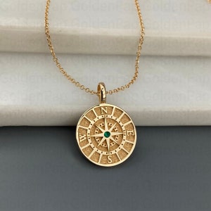 14k Solid Gold Pendant With Natural Emerald, Gold Compass - Etsy