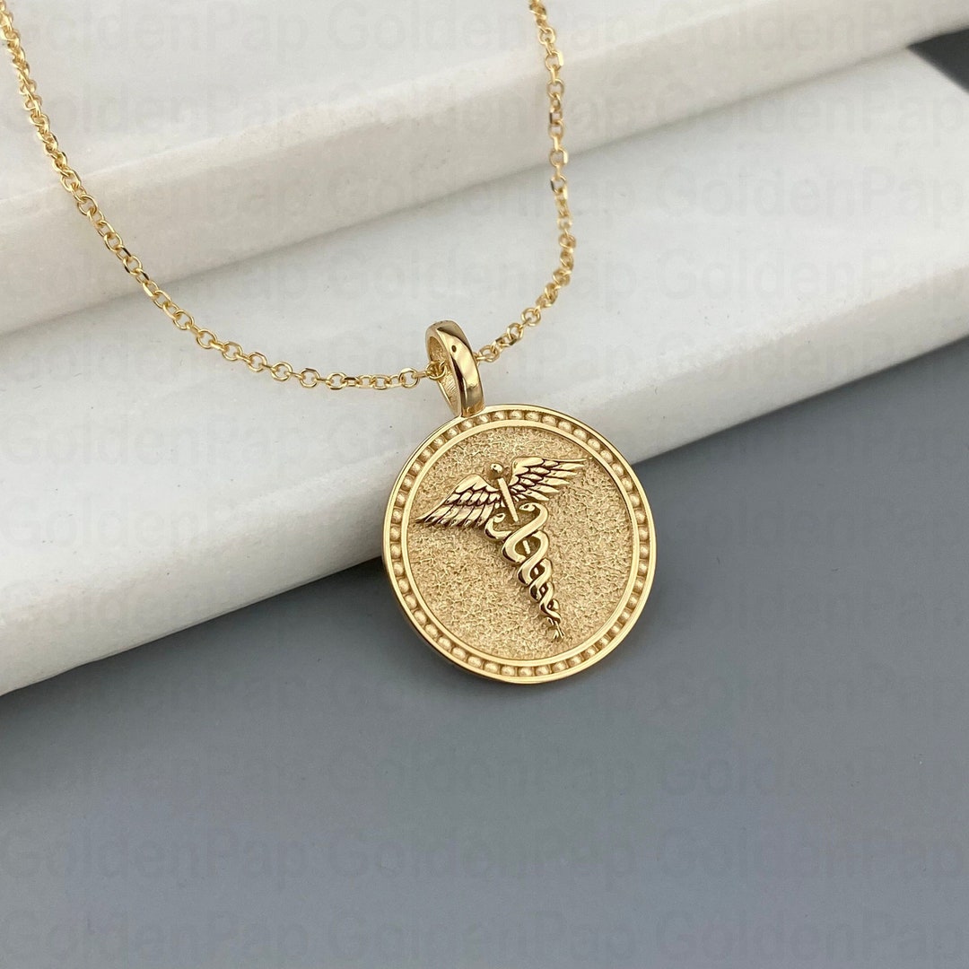 14k Solid Gold Pendant, Caduceus Necklace, Pesronalized Caduceus ...