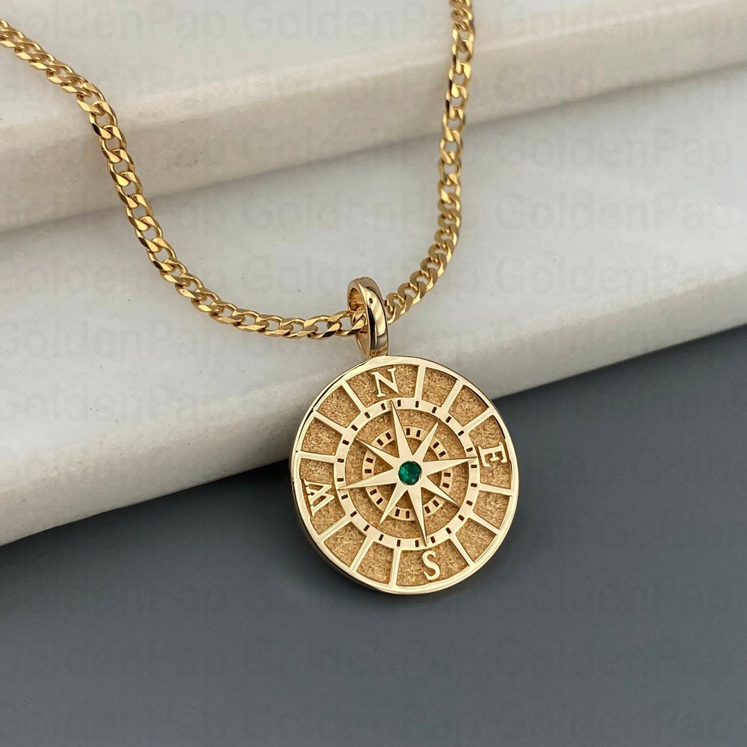 14k Solid Gold Pendant With Natural Emerald, Gold Compass - Etsy