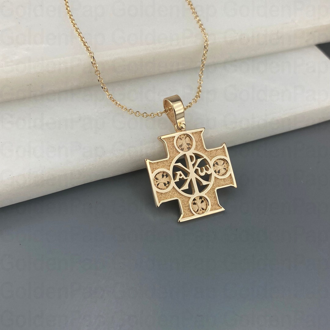 14k Solid Gold Cross With Chi Ro, Cross With Eagles - Etsy