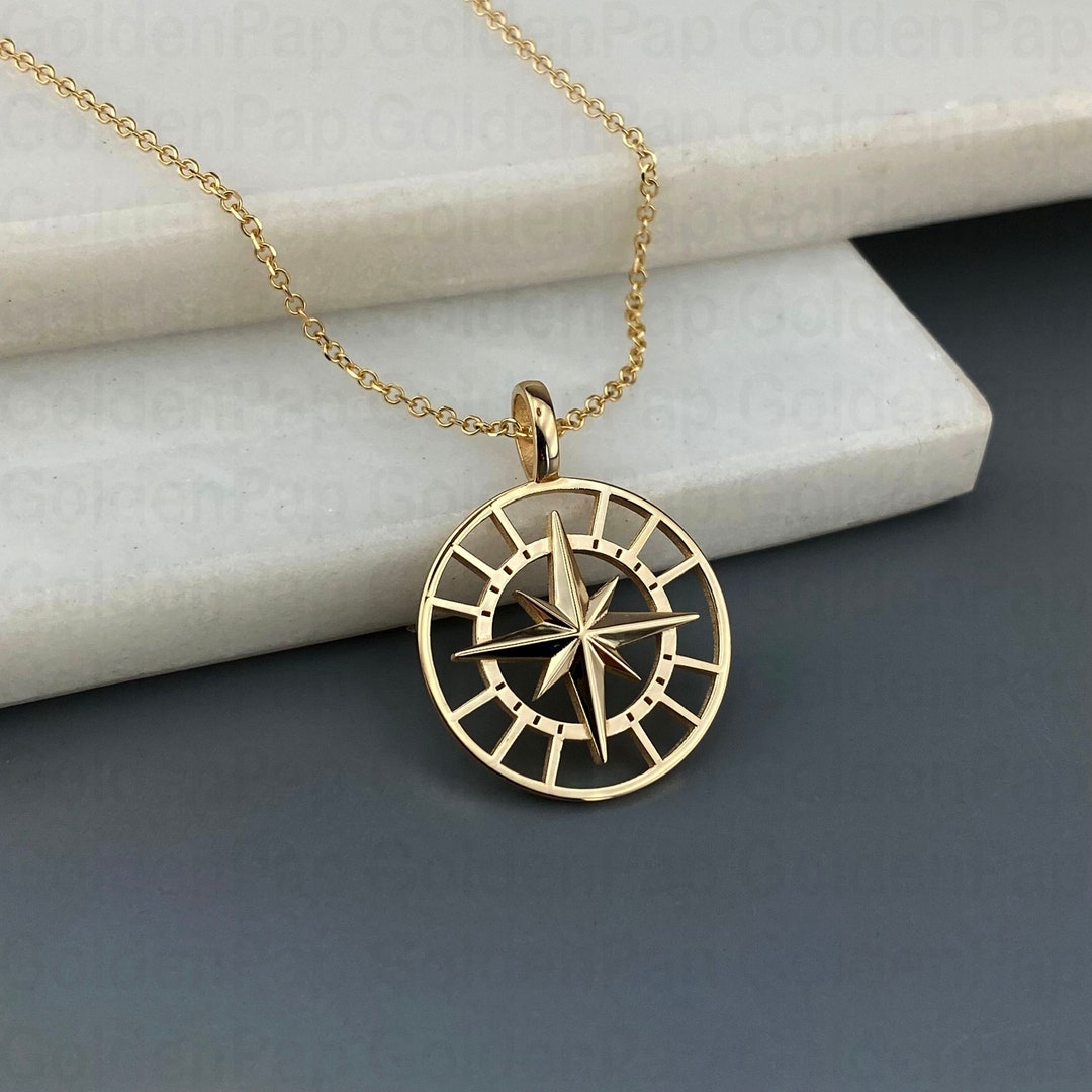 NEW 14k Solid Gold Pendant Compass, Diameter 2cm, Compass Jewelry ...