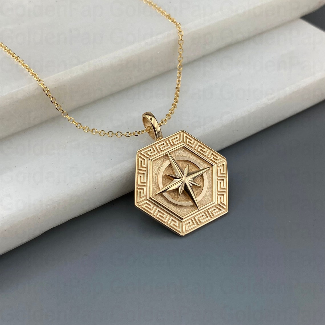 14k Solid Gold Pendant Compass Gold Medallion Compass - Etsy