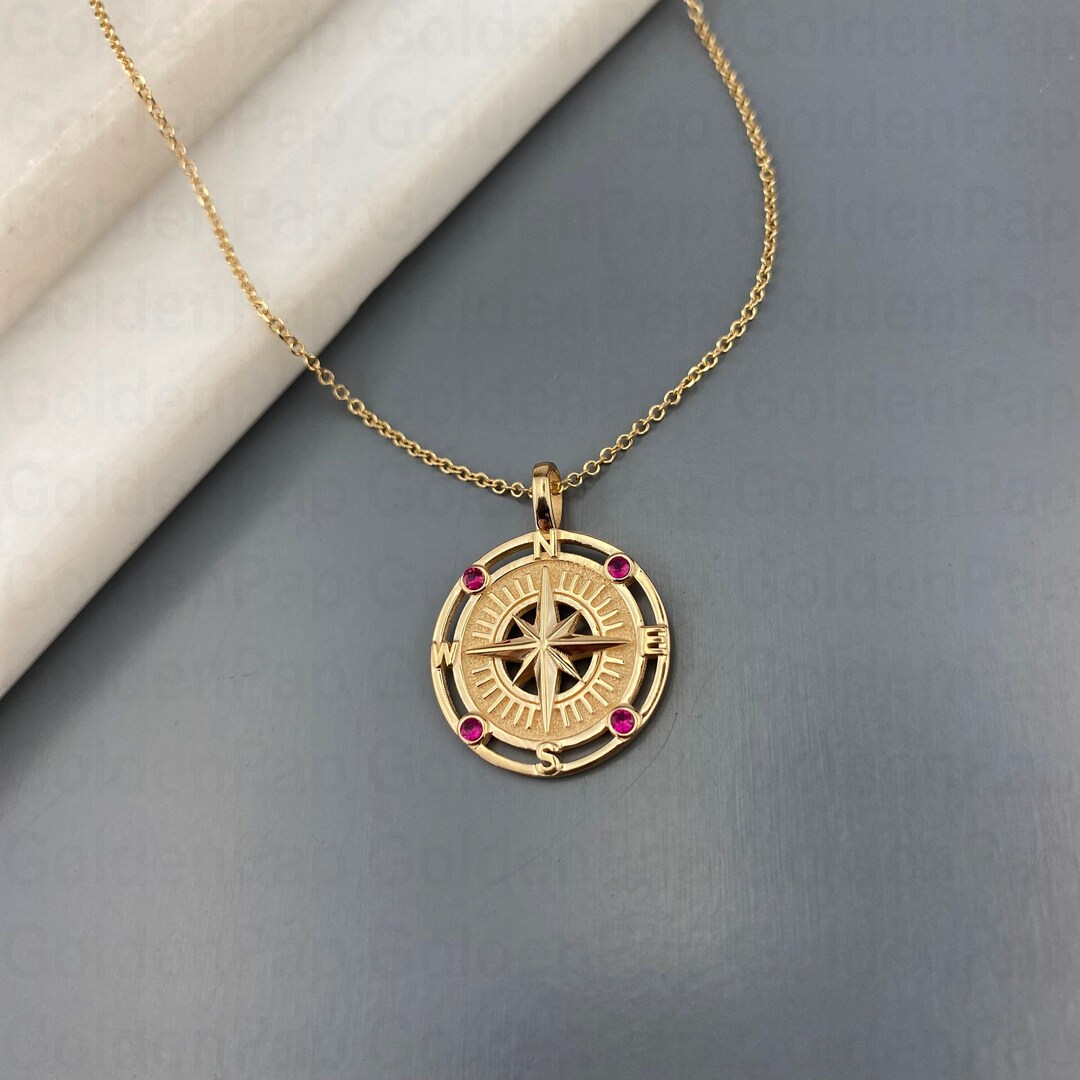 14k Solid Gold Pendant Compass With Natural Rubies, Compass Jewelry ...