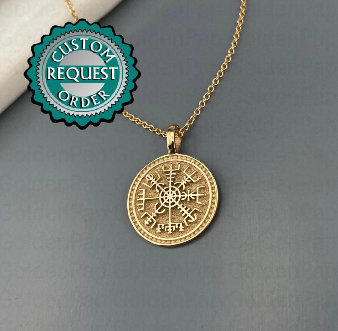 CUSTOM 14k Solid Gold Viking Vegvisir Pendant, Personalized Vegvisir ...