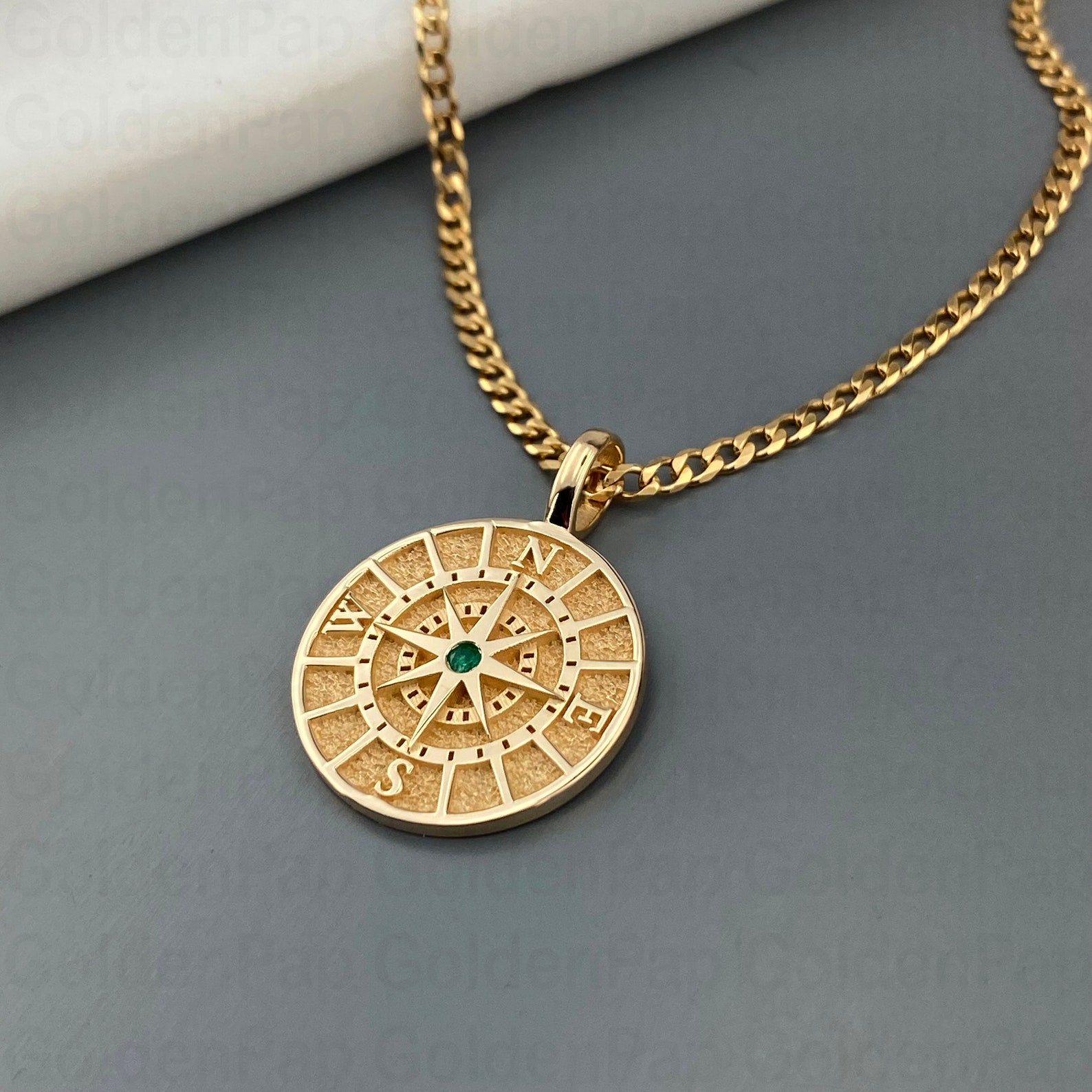 NEW 14k Solid Gold Pendant With Natural Emerald, Gold Compass - Etsy