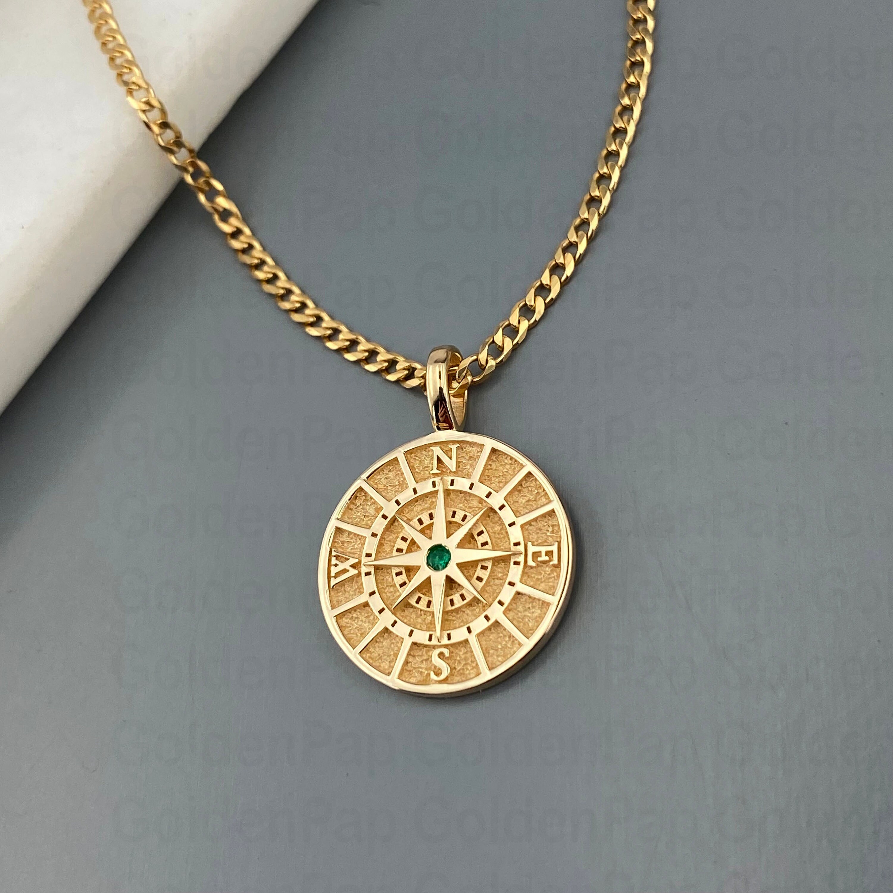 NEW 14k Solid Gold Pendant With Natural Emerald, Gold Compass - Etsy