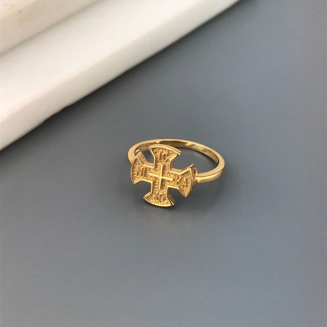 14k Solid Gold Ring, Religious Ring With IC XC NIKA, Ring With Cross - Etsy