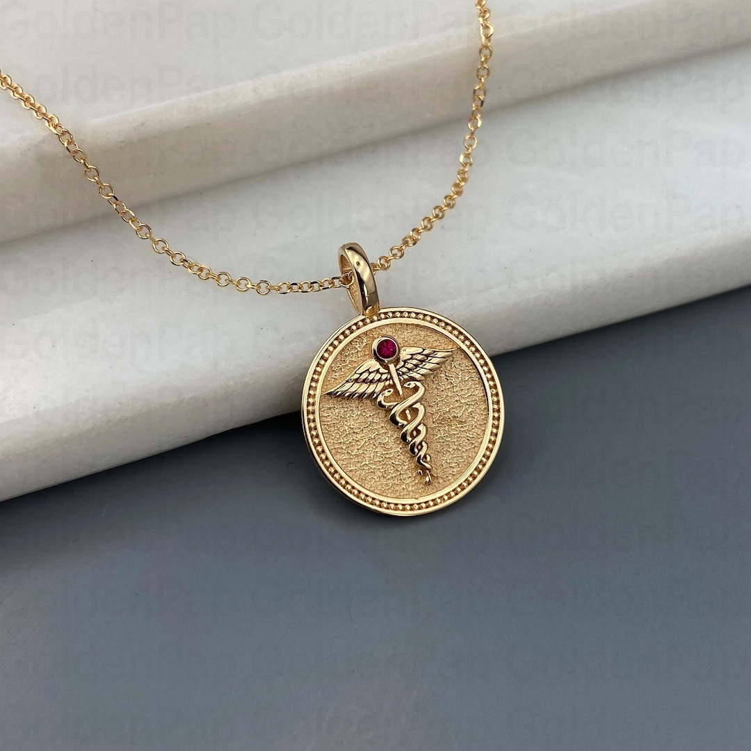14k Solid Gold Pendant With Natural Ruby, Caduceus Necklace ...