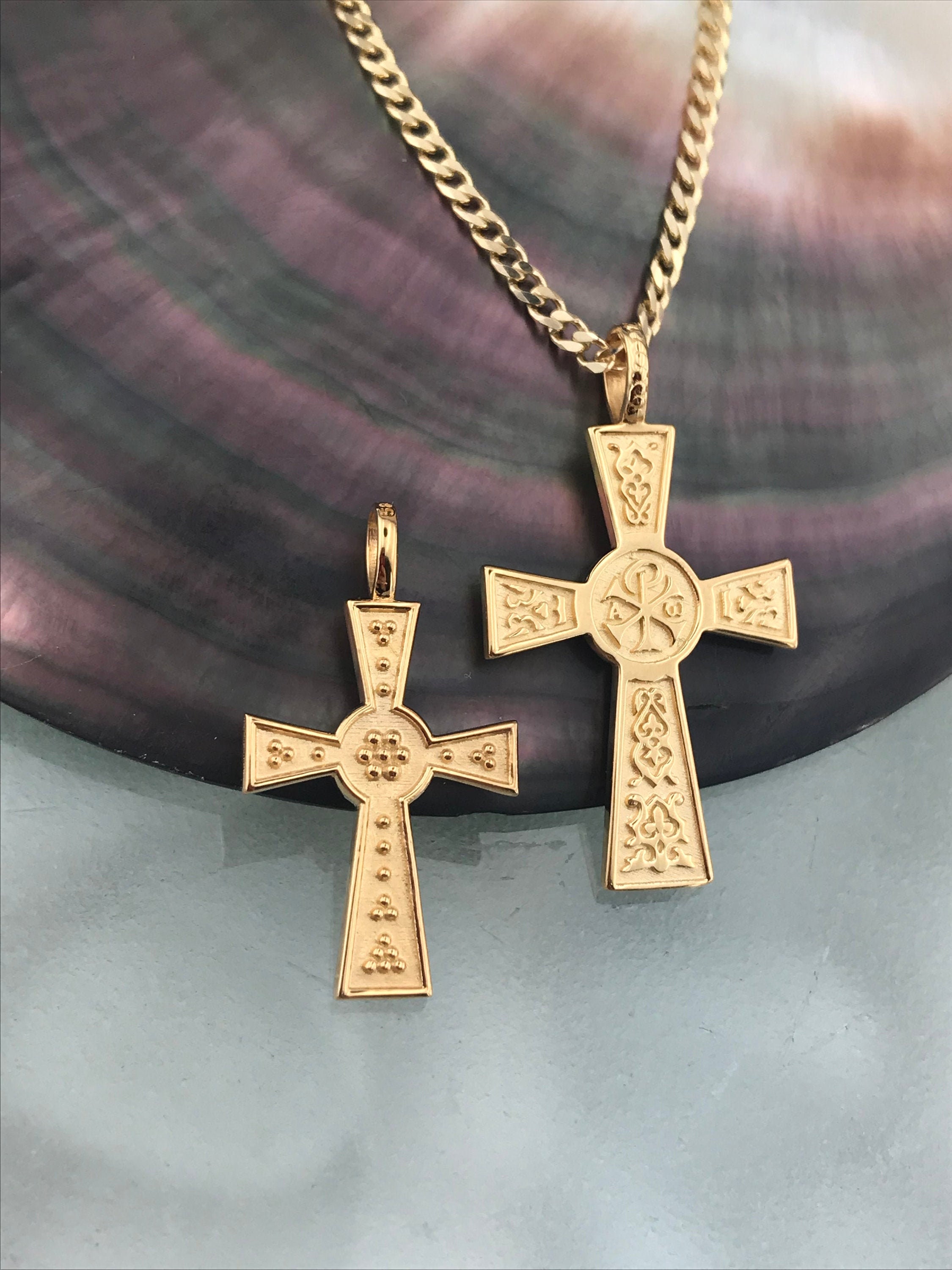 14k solid gold cross double sided cross with chi ro | Etsy