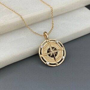 14k Solid Gold Pendant Compass With Natural Diamonds, Compass Jewelry ...