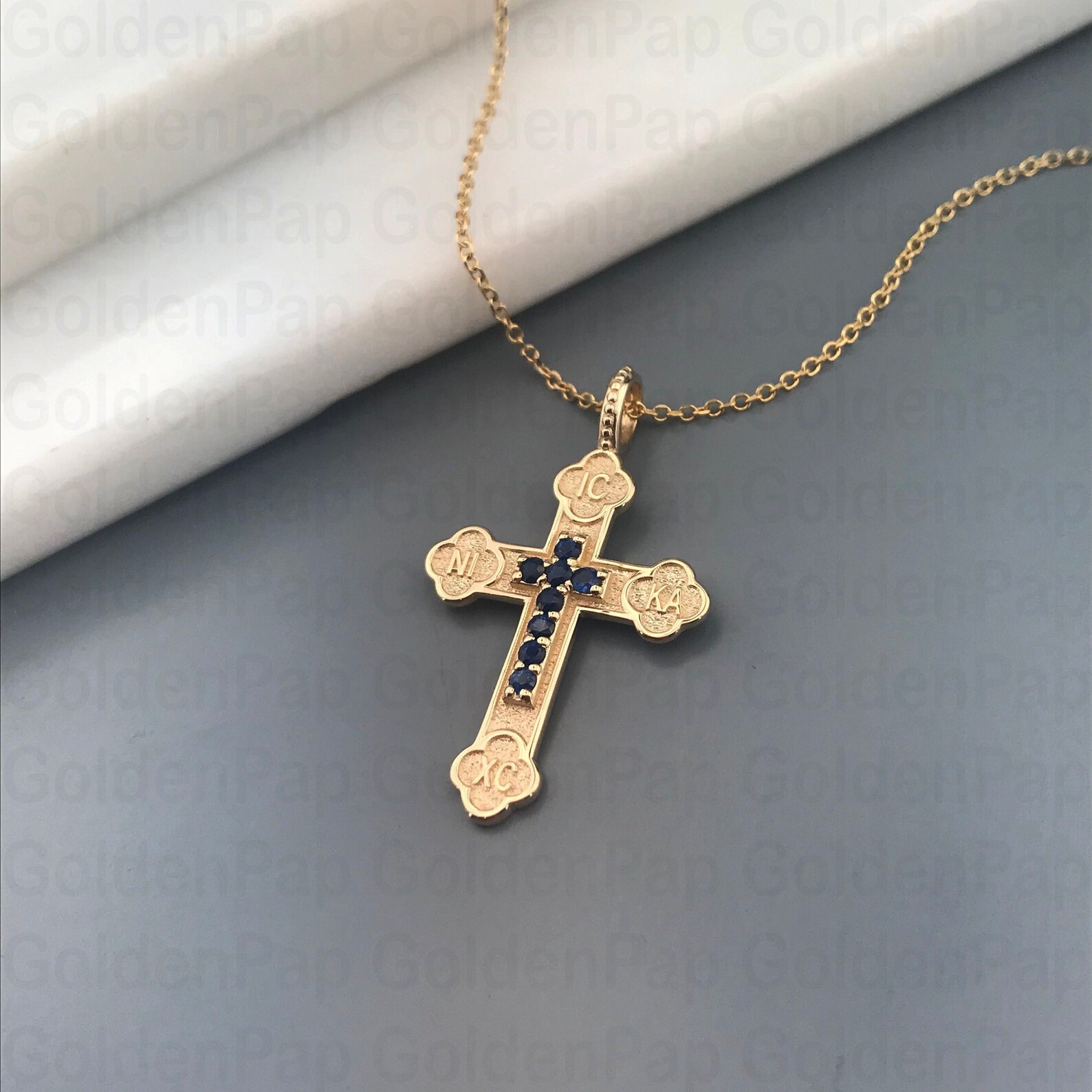 14k Solid Gold Cross With Natural Sapphires - Etsy