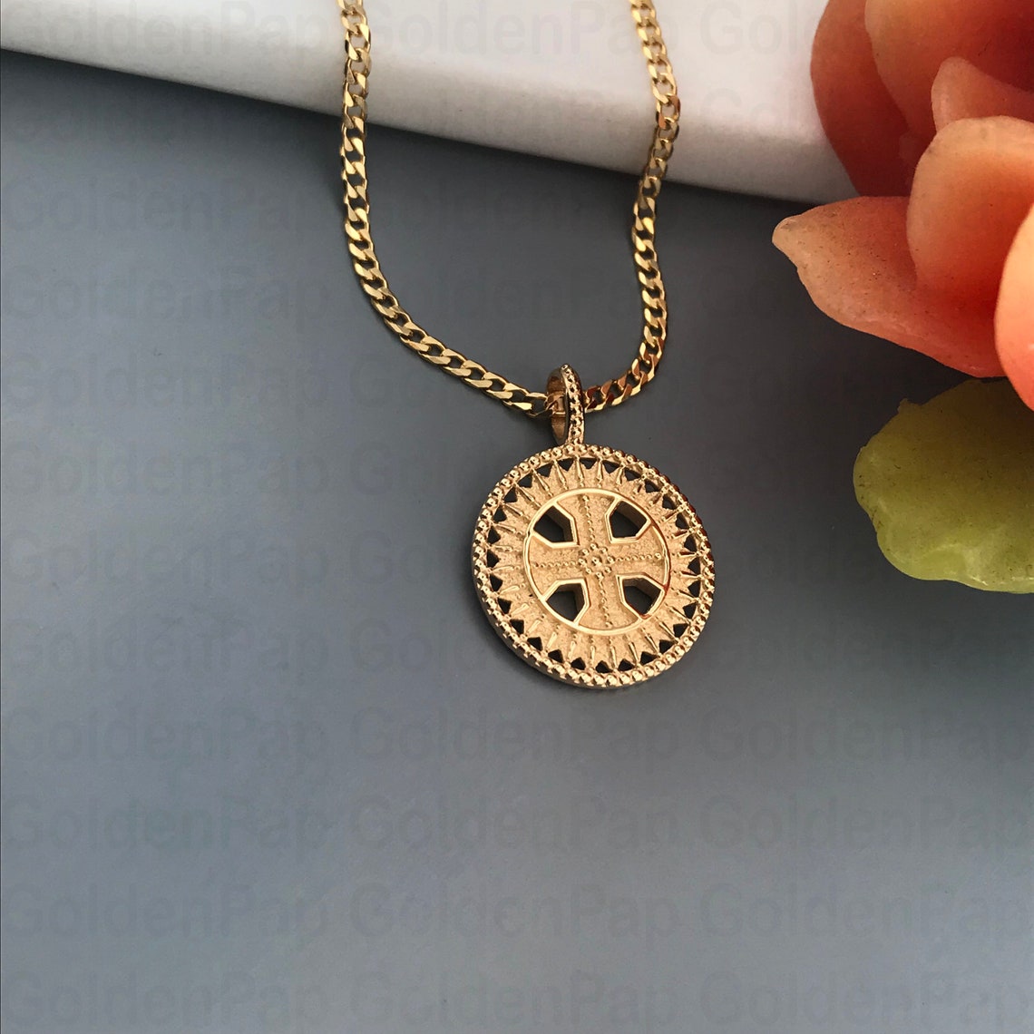 14k Solid Gold Pendant Double Sided Pendant Religious - Etsy